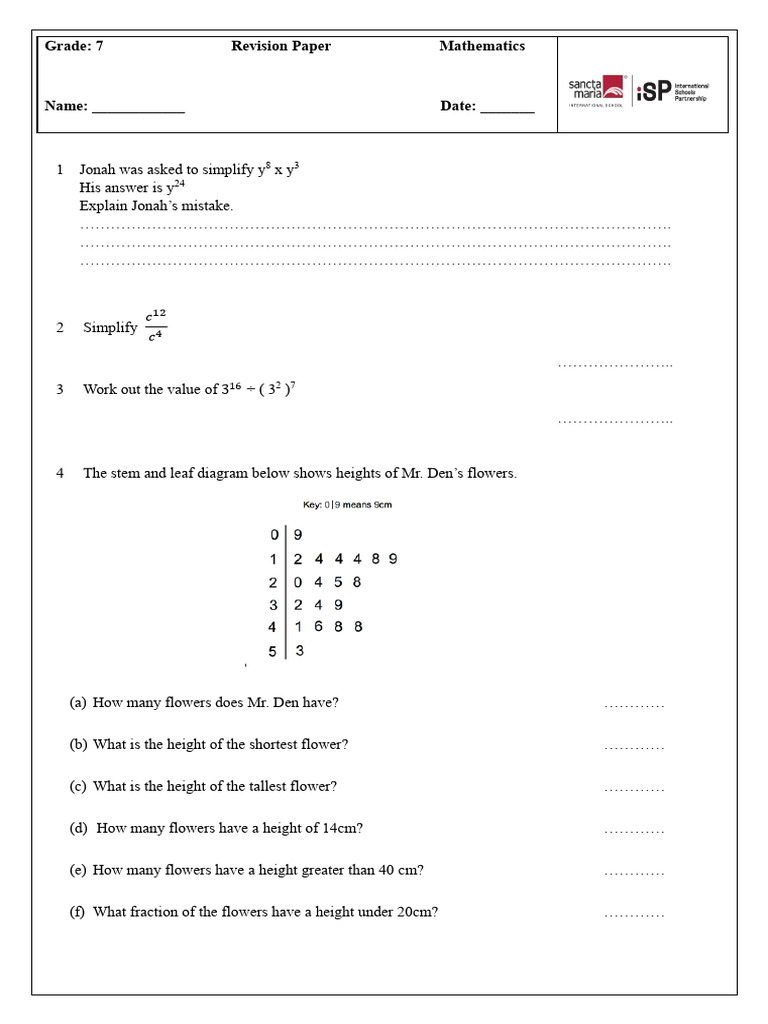 Grade 7 Term 1 Revision Paper 2025 | PDF | Elementary Geometry ...