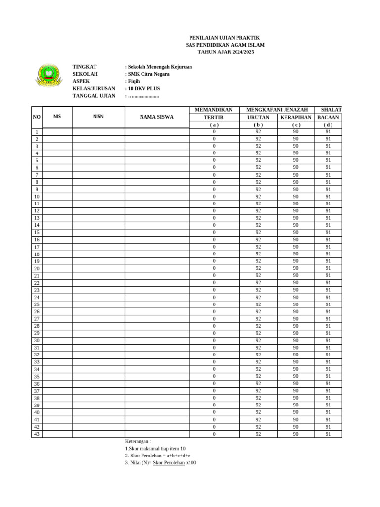 Form Nilai Sas Sem 1 Pai | PDF