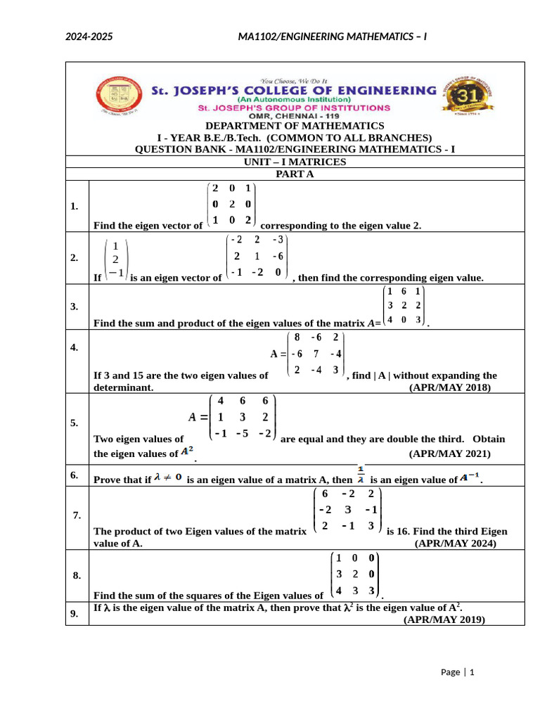 2024-25 M I QB Questions Only | PDF | Matrix (Mathematics) | Eigenvalues And Eigenvectors