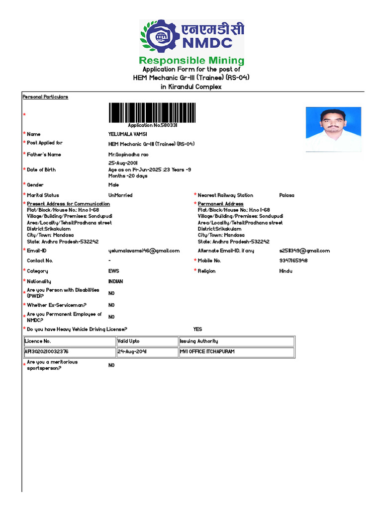 NMDC-Online Application 2025 (Kirandul - Bacheli Complex) | PDF