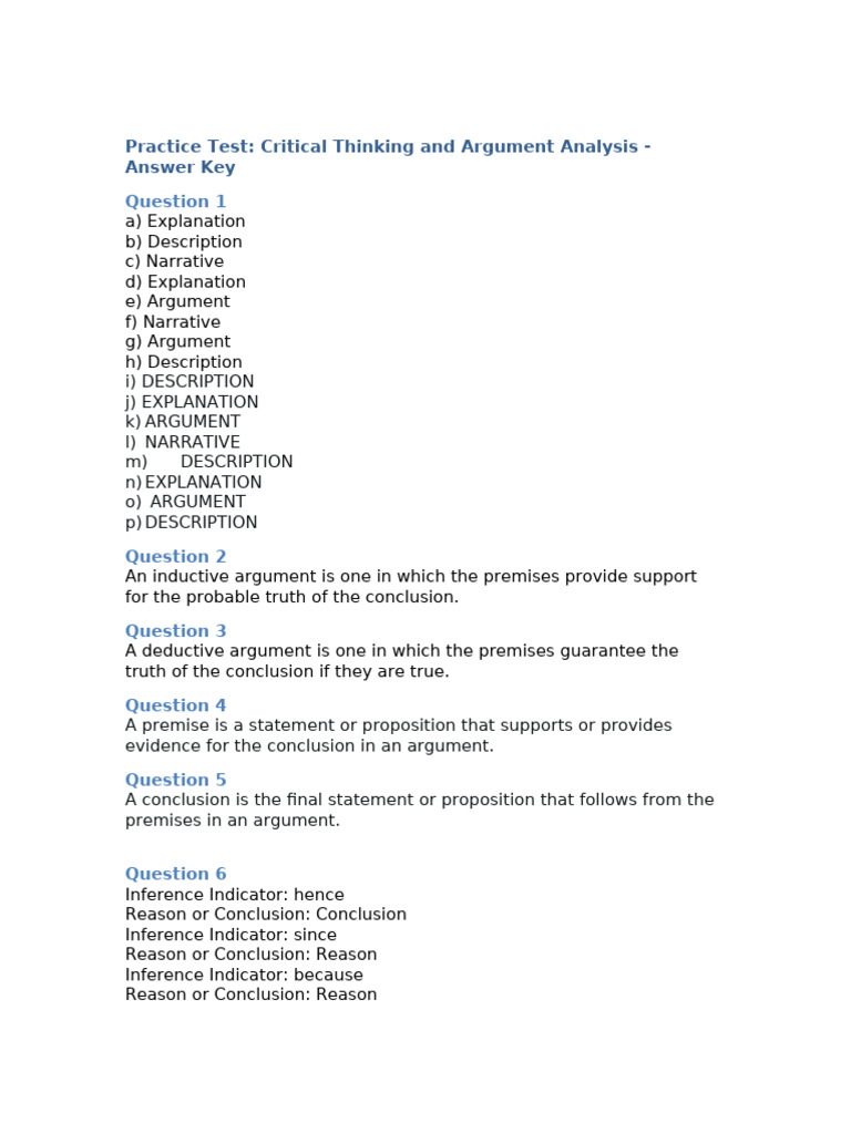 Critical Thinking Practice Test Answers | PDF | Argument | Inference