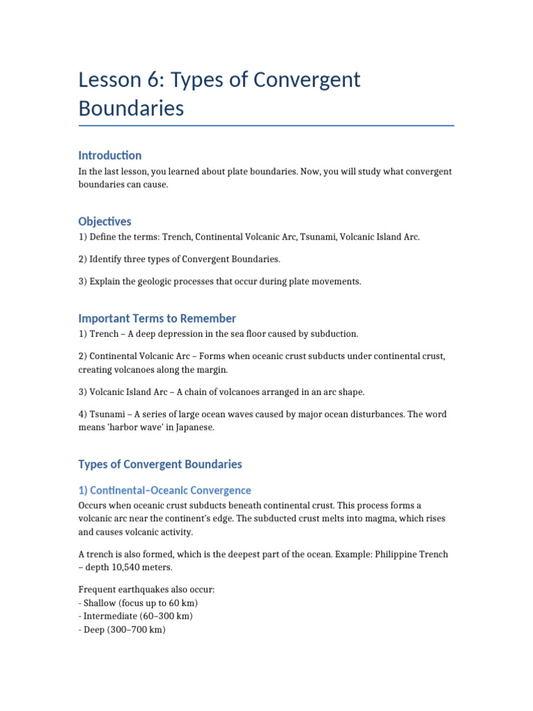 Lesson 6 Types of Convergent Boundaries Shortened | PDF