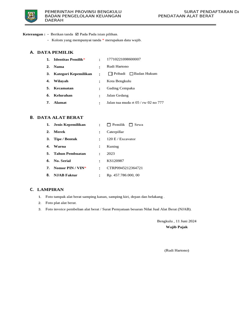 Form Pendataan Alat Berat Contoh | PDF
