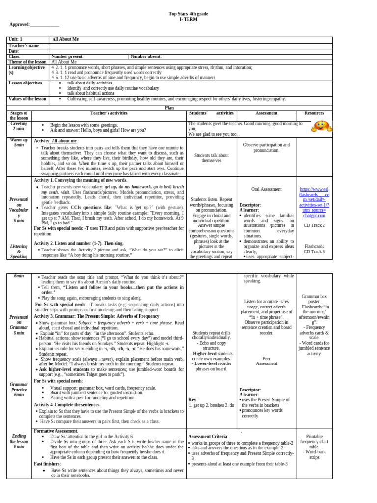 Top Stars 4: All About Me Lesson Plan | PDF | Vocabulary | Reading ...
