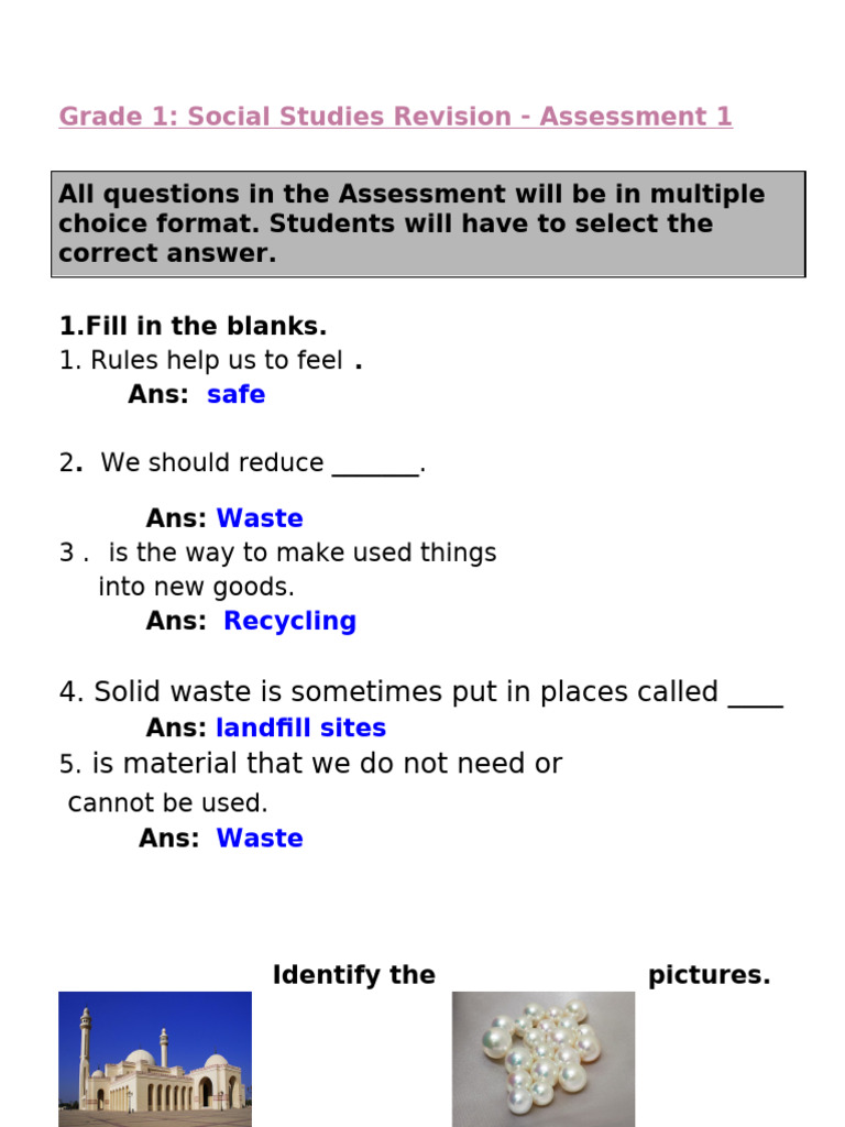 Abduljabbar Alabbas - Binu Sebastian - Grade-1-Social Studies Revision - Assessment1 | PDF