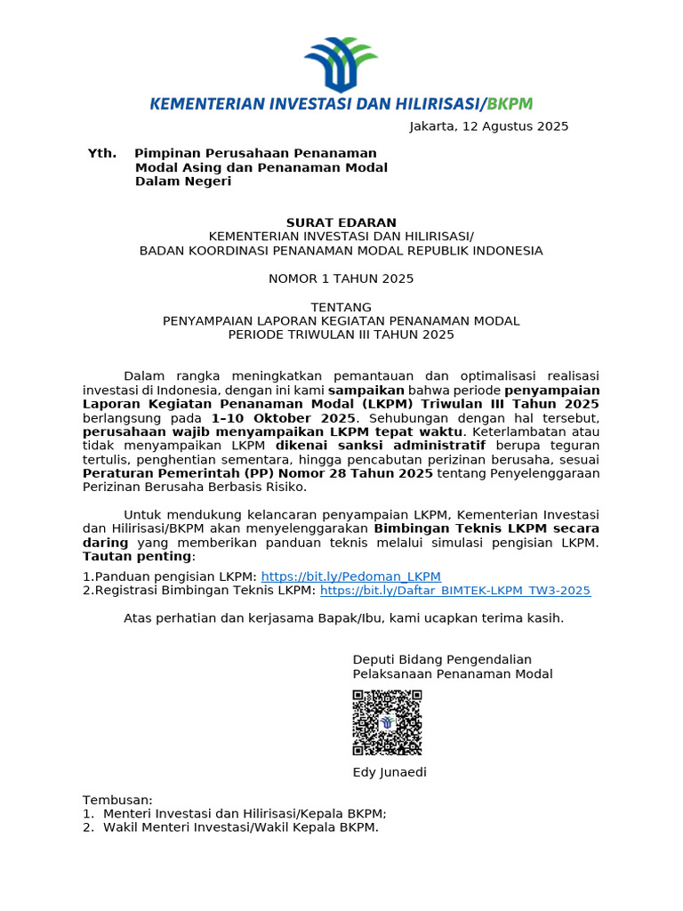 Deputi Dalaks - Surat Edaran Penyampaian LKPM TW III 2025 Untuk PU OSS ...