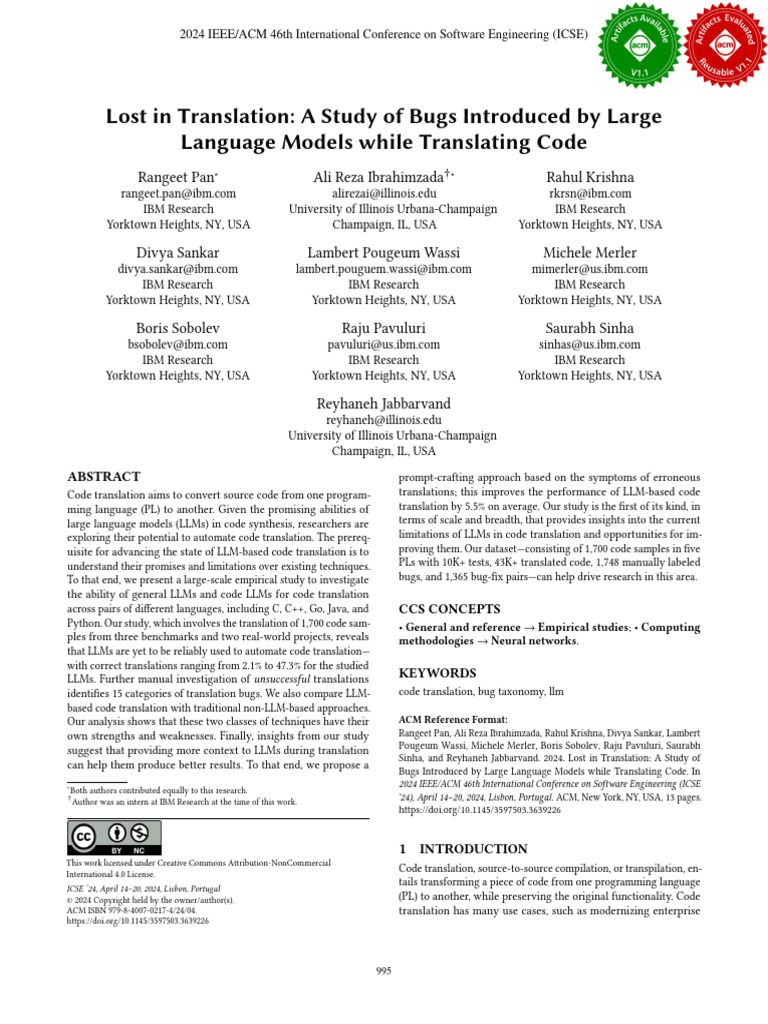 2024lost in Translation A Study of Bugs Introduced by Large Language Models While Translating ...