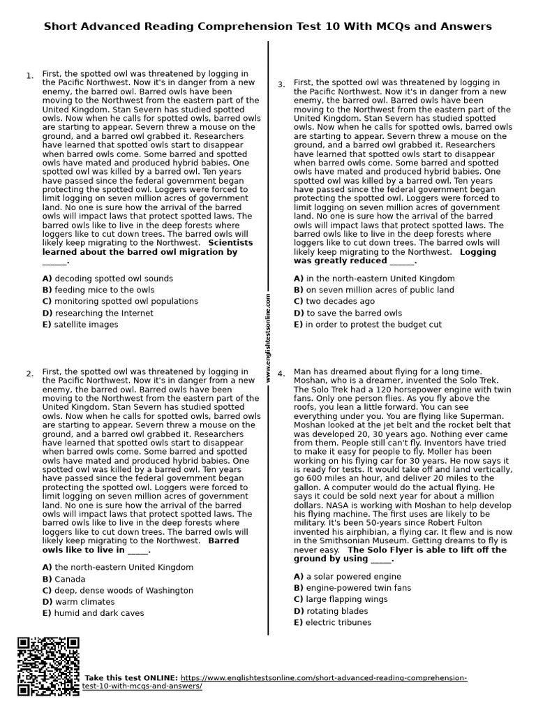 853 Short Advanced Reading Comprehension Test 10 With Mcqs and Answers ...