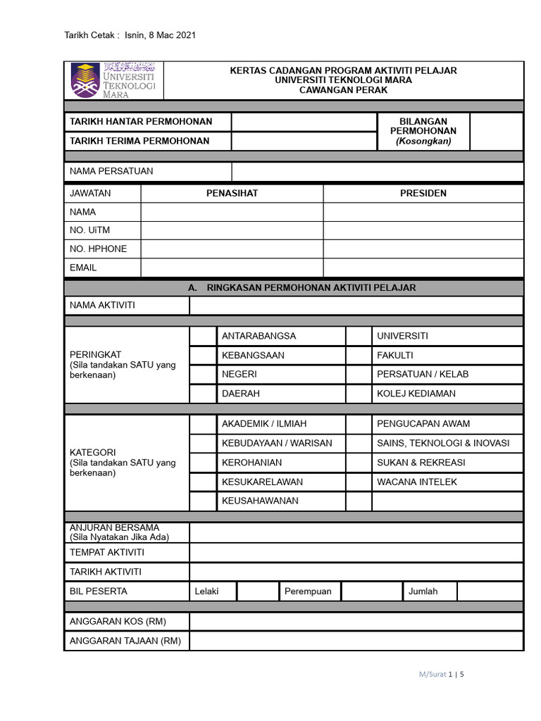 Kertas Cadangan Program Aktiviti Pelajar | PDF