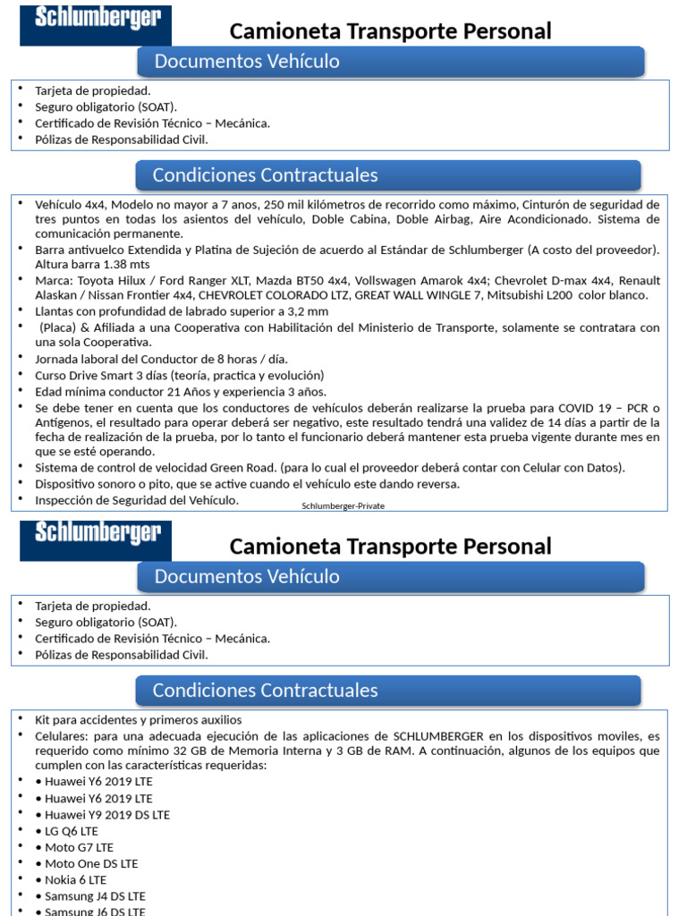 Requisitos para Transporte Personal Schlumberger | PDF | Industria ...