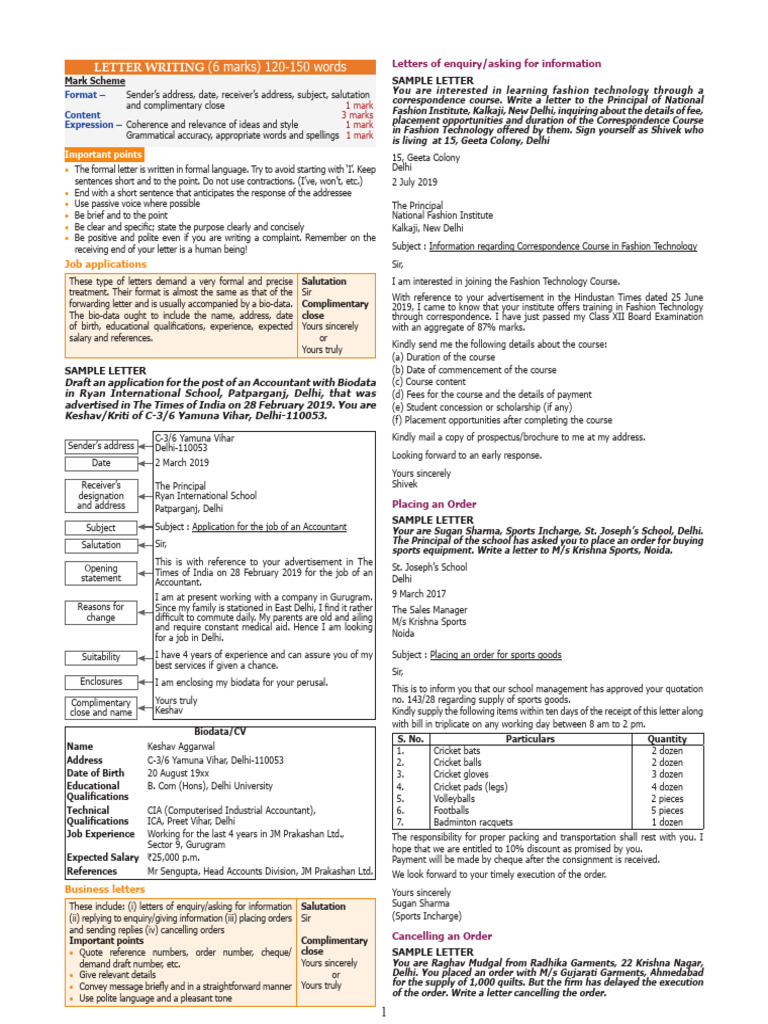 Letter Writing - Class 10.12 | PDF