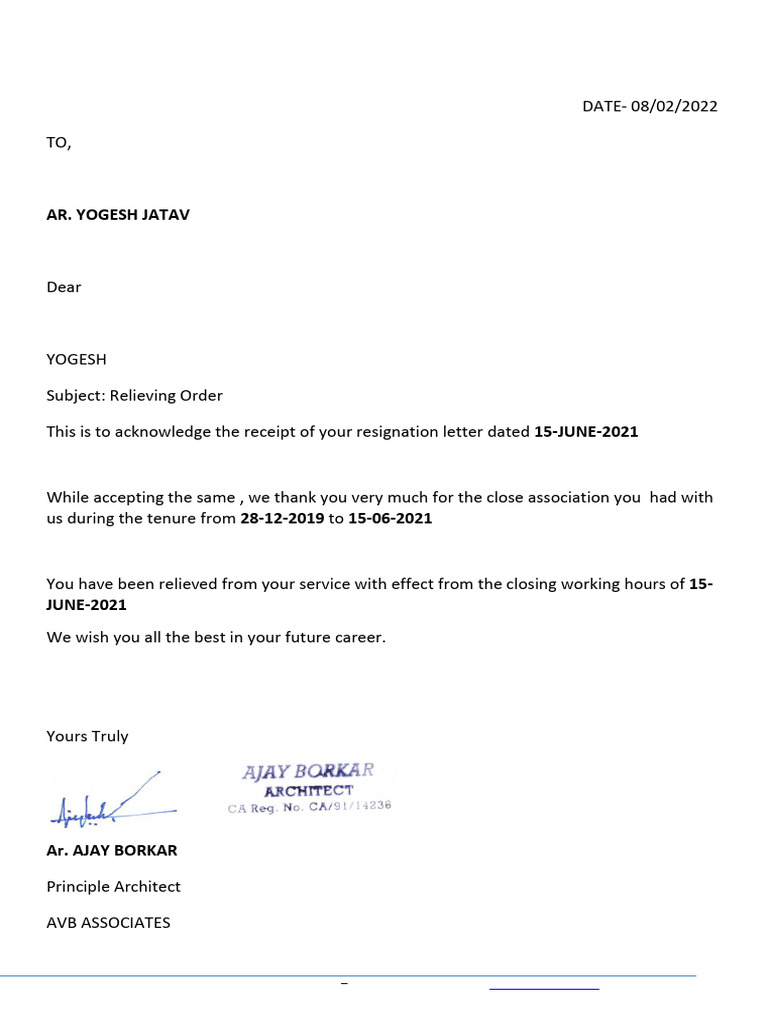 Relieving Order for Yogesh Jatav | PDF
