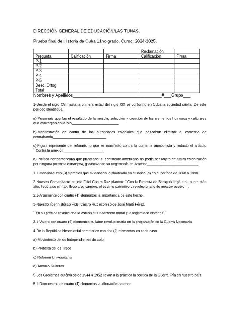 Prueba Final Historia de Cuba 11no Grado | PDF | Cuba
