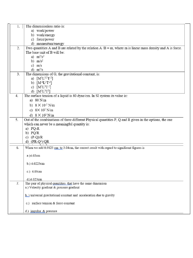 Units and Dimensions Rev Worksheet 2 QP To Stu | PDF