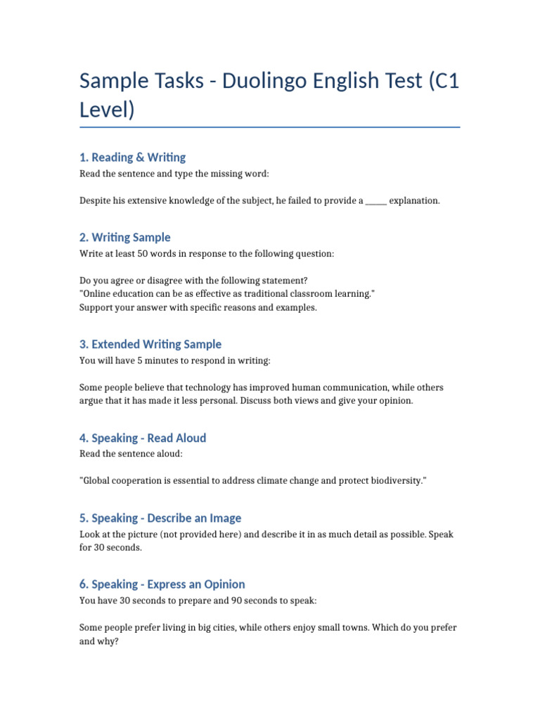 Duolingo English Test C1 Sample Tasks | PDF