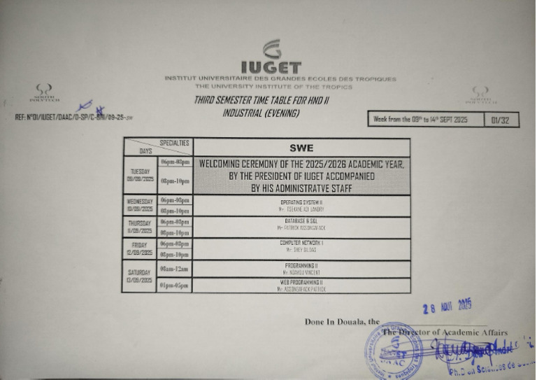 Time Table For HND II Ind (Evening) Week From 09 To 14 Sept 2025 | PDF