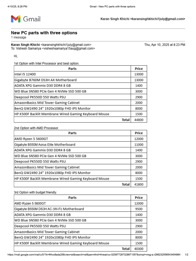 Gmail - New PC Parts With Three Options | PDF | Computer Hardware ...
