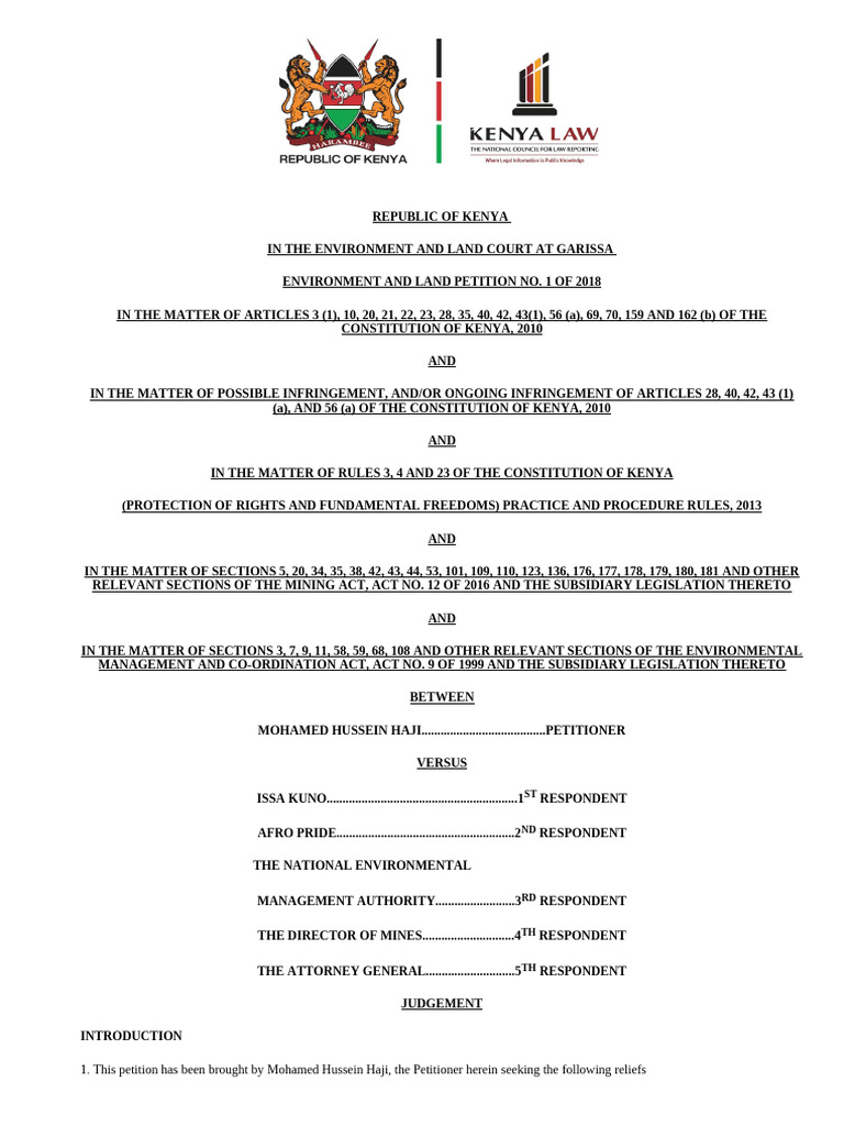 Mohamed Hussein Haji V Issa Kuno 4 Others 2018KEELC3780 (KLR) | PDF ...