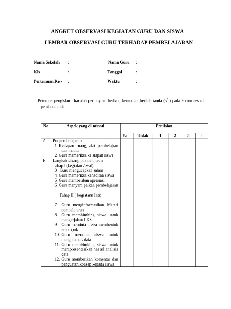 Angket Observasi Pembelajaran Siswa | PDF