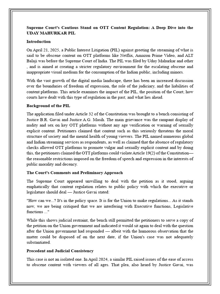 Supreme Court's OTT Content Regulation Insights | PDF | Obscenity ...