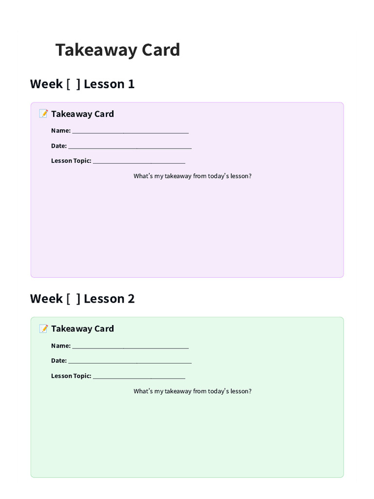 ESL Weekly Takeaway Card Template | PDF