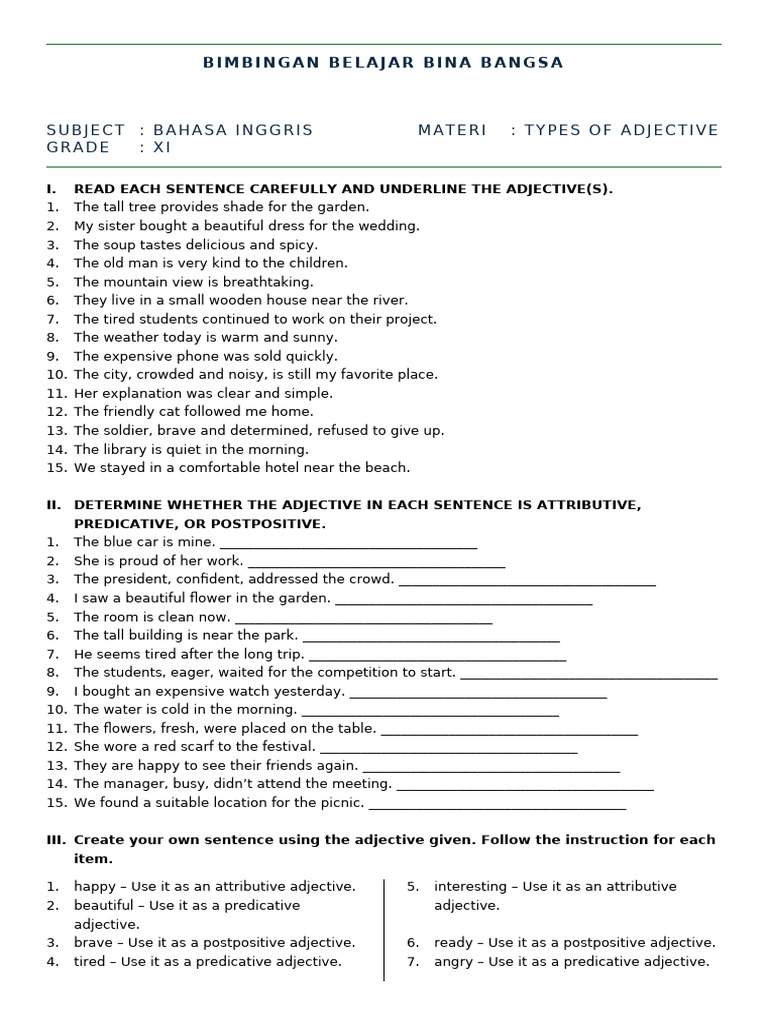 Kelas 11 s1 Types of Adjective 1 | PDF | Syntax