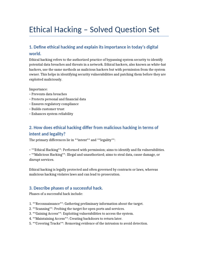 Ethical Hacking Question Answers | PDF | Security Hacker | White Hat (Computer Security)