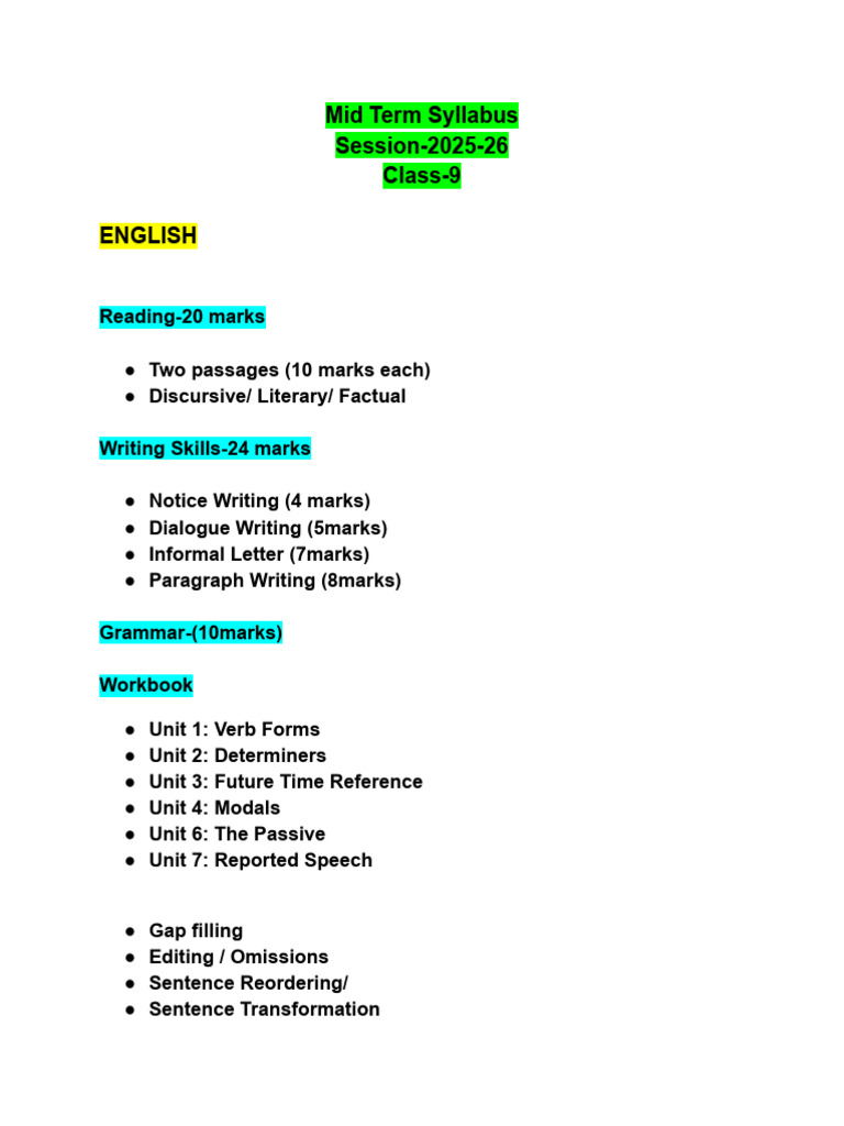 Compiled Mid Term Syllabus, Class-9, 2025-26 | PDF
