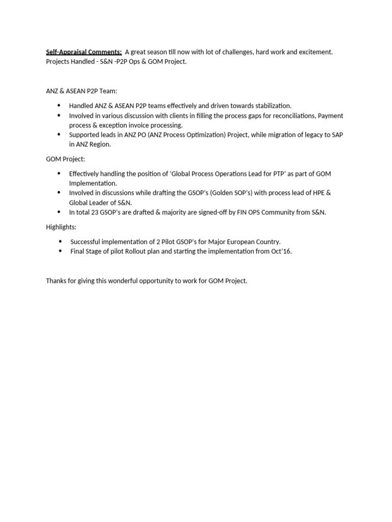 Self Appraisal Comments S&N 07102016 | PDF