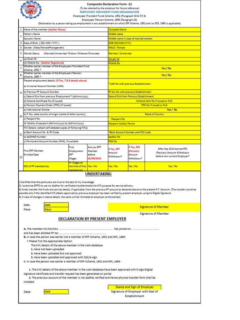 Sample - New Composite Declaration Form 11 - EPF Act 1952 | PDF ...
