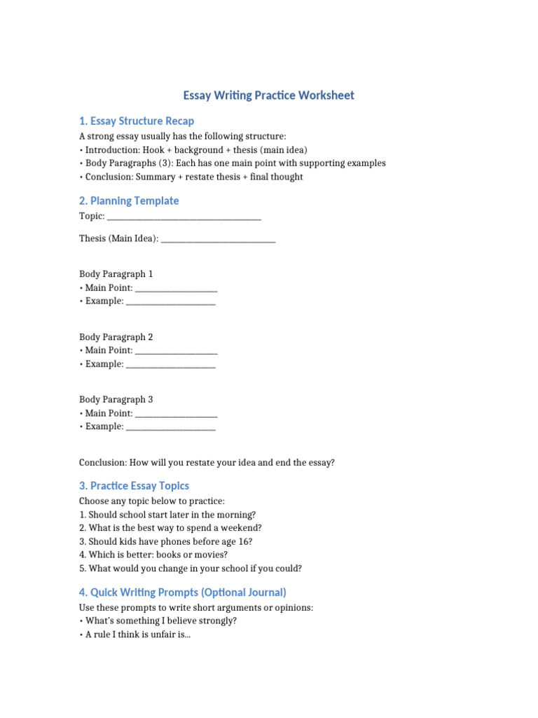 Essay Writing Worksheet | PDF