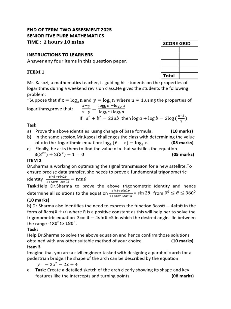 End of Term Two Assesment 2025 | PDF | Trigonometric Functions | Logarithm