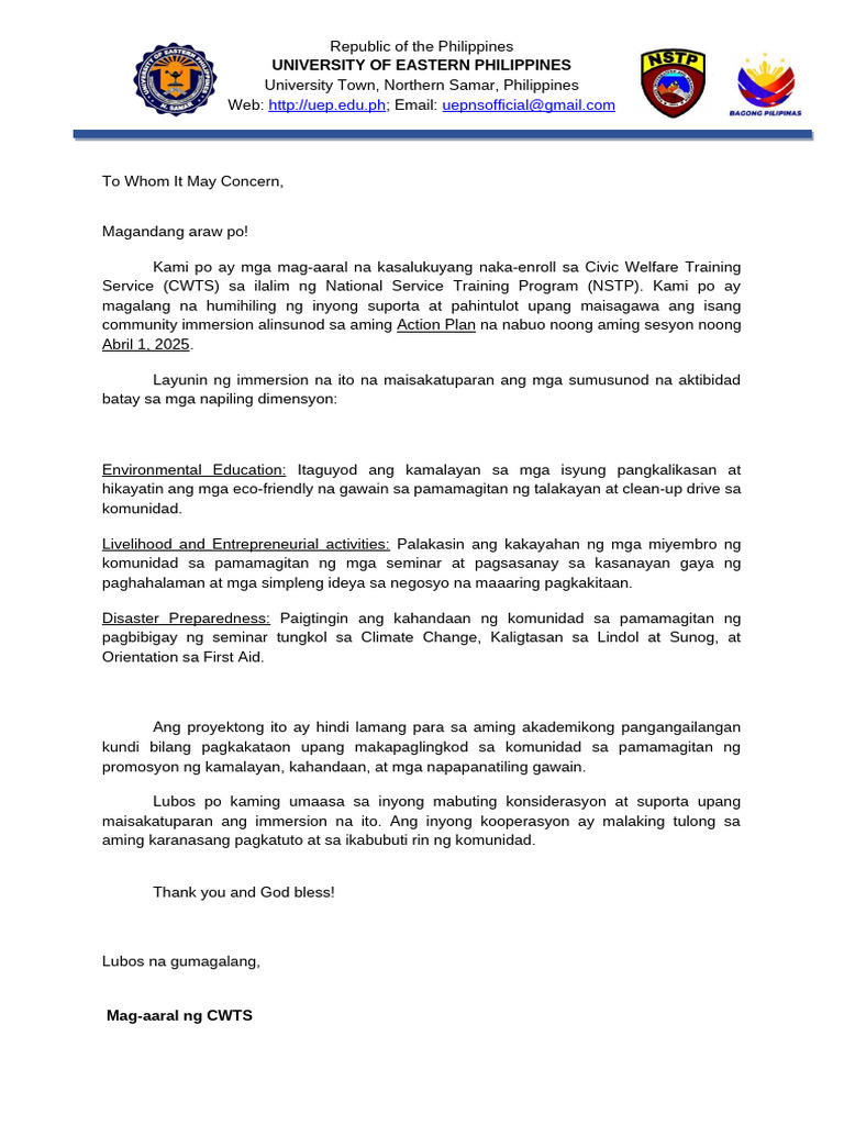 Letter For NSTP Immersion 1 | PDF