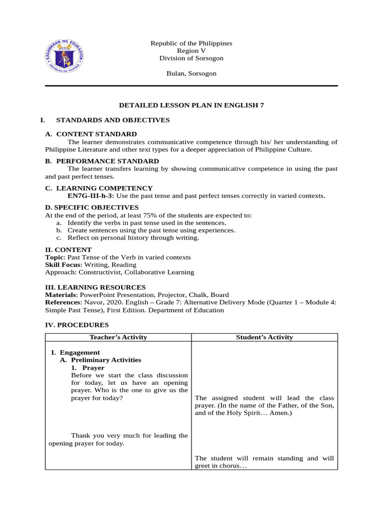 English 7 Lesson Plan: Past Tense Usage | PDF | Subject (Grammar ...
