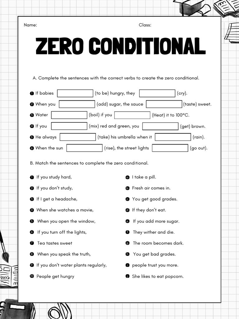 Zero Conditional Worksheet in Black and White Doodle Style | PDF