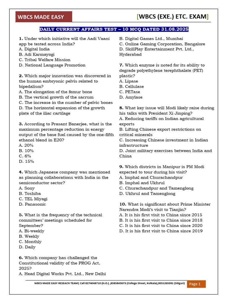 Daily Current Affairs 10 Mock Test DCA 10 For 31.08.2025 | PDF ...
