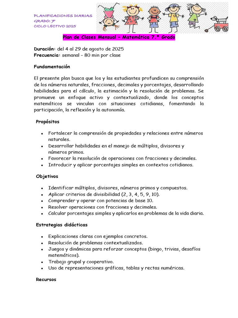 Plan de Clases Mensual MATEMATICA | PDF | Exponenciación | Decimal