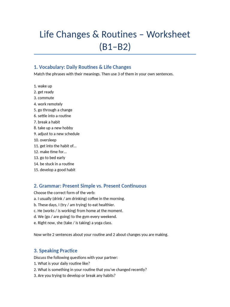 Life Changes Routines Worksheet B1-B2 | PDF
