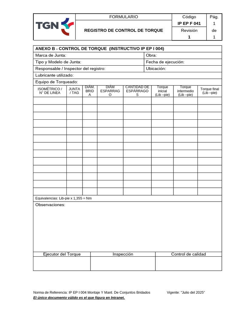 Registro de Control de Torque IP EP F 041 | PDF