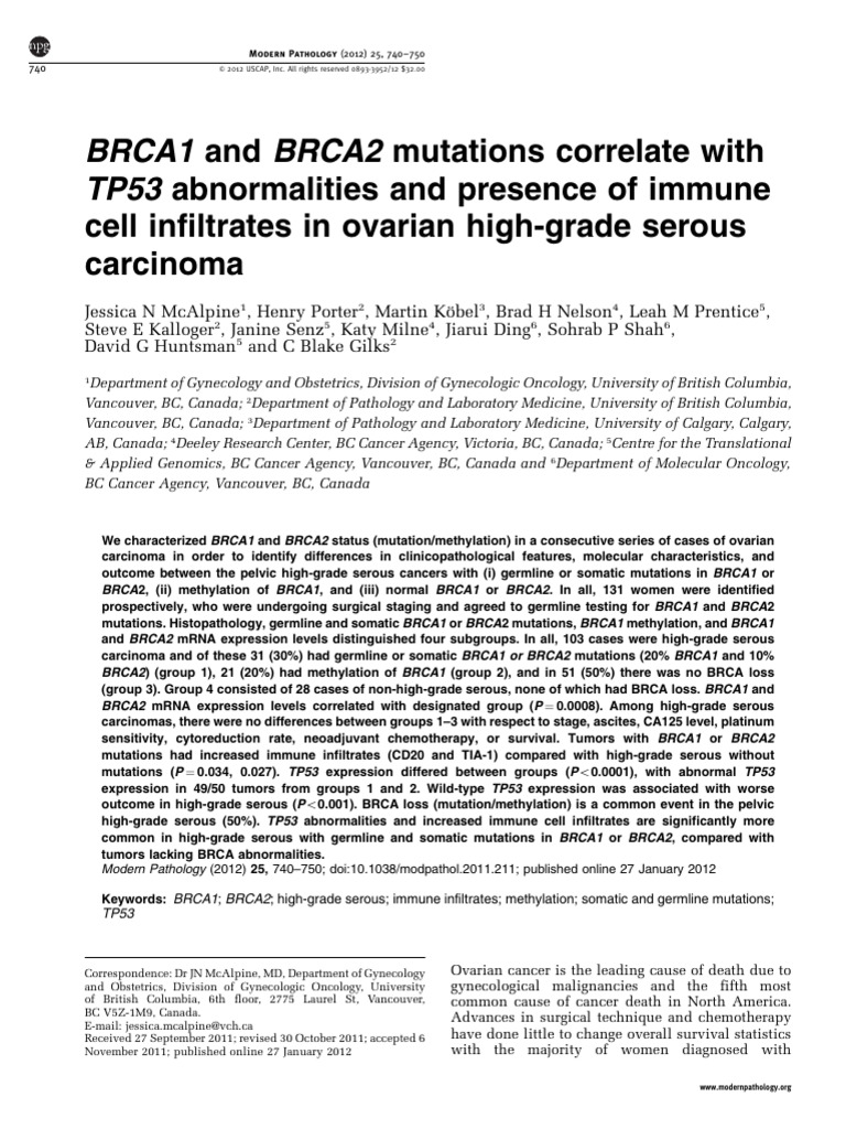 BRCA1 and BRCA2 Mutations Correlate With TP53 Abnormalities and ...