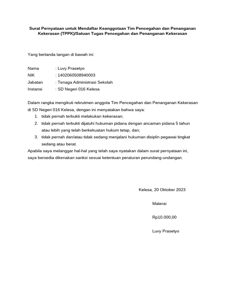 Surat Pernyataaan Anggota TPPK | PDF