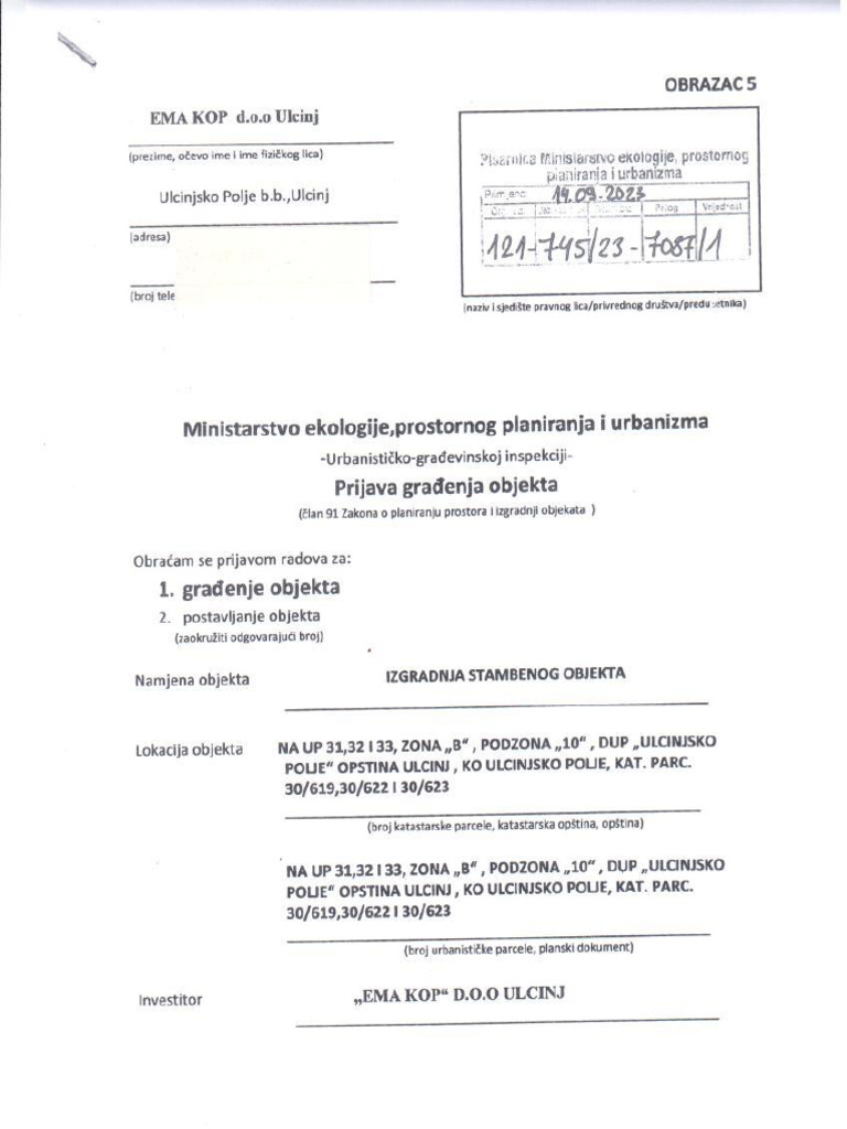121-745-23-7087-1-prijava-gradenja-objekta-121-745-23-7087-1-ema-kop-doo-ulcinj | PDF