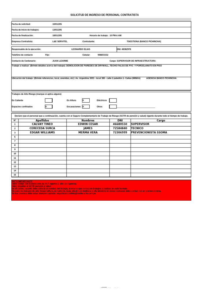 2024 Solicitud de Ingreso de Personal Contratista Servitel | PDF
