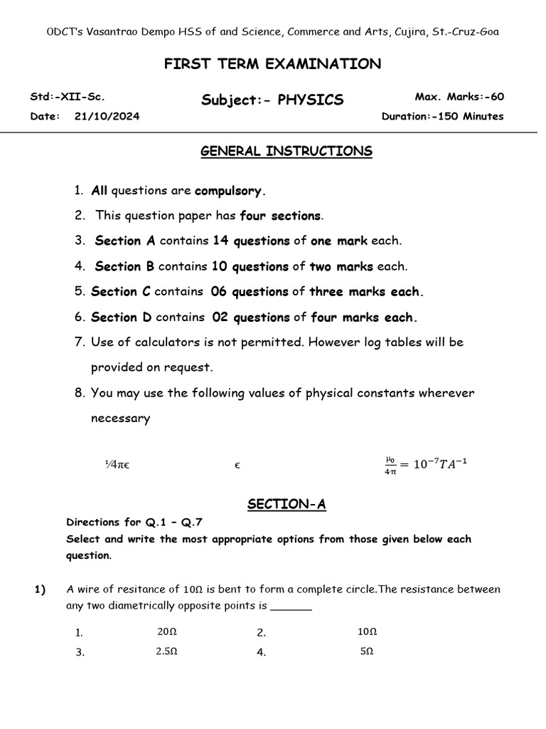 First Term Exam Physics October 2024 | PDF | Inductor | Inductance