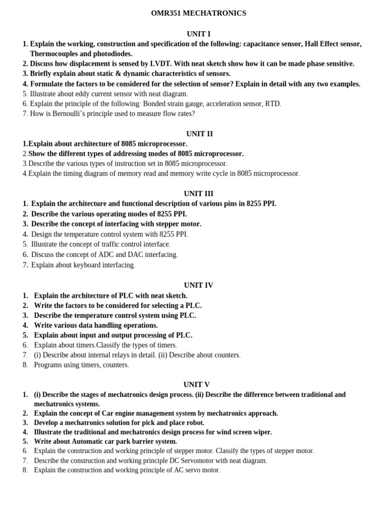 Mechatronics Important Questions | PDF | Programmable Logic Controller | Computer Engineering
