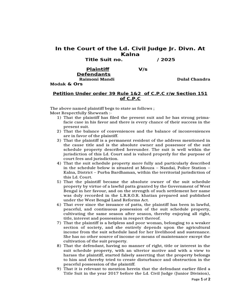 Title Suit for Property Injunction | PDF | Lawsuit | Justice