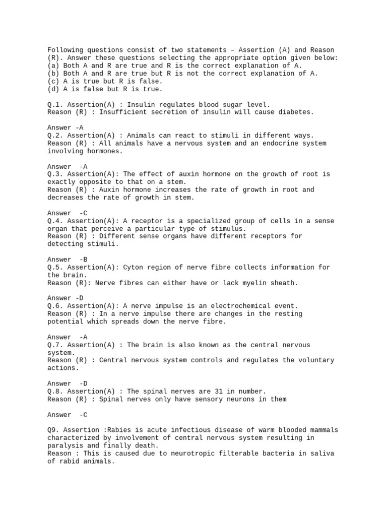Assertion Reasoning STD X Control and Coordination | PDF | Nerve | Hormone