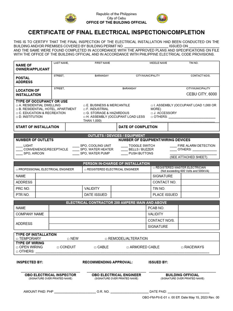 Final Electrical Inspection Certificate | PDF | Electrical Wiring | Switch