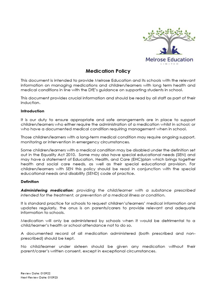 School Medication Management Policy | PDF | Caregiver | Special Education