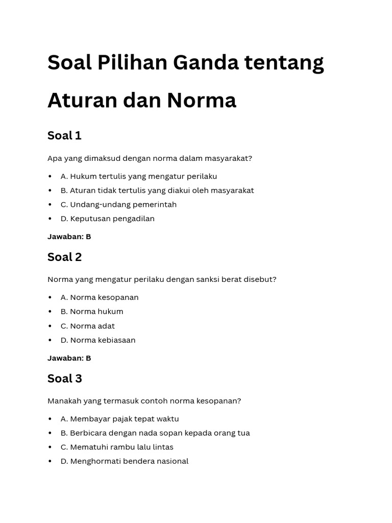 Soal Pilihan Ganda Aturan Dan Norma | PDF